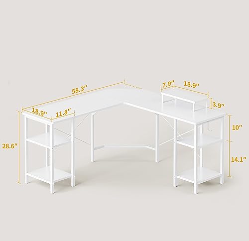 CubiCubi L Shaped Desk, 58.3 inch Computer Corner Desk with 2 Storage Shelves, Home Office Desk with Monitor Stand, White