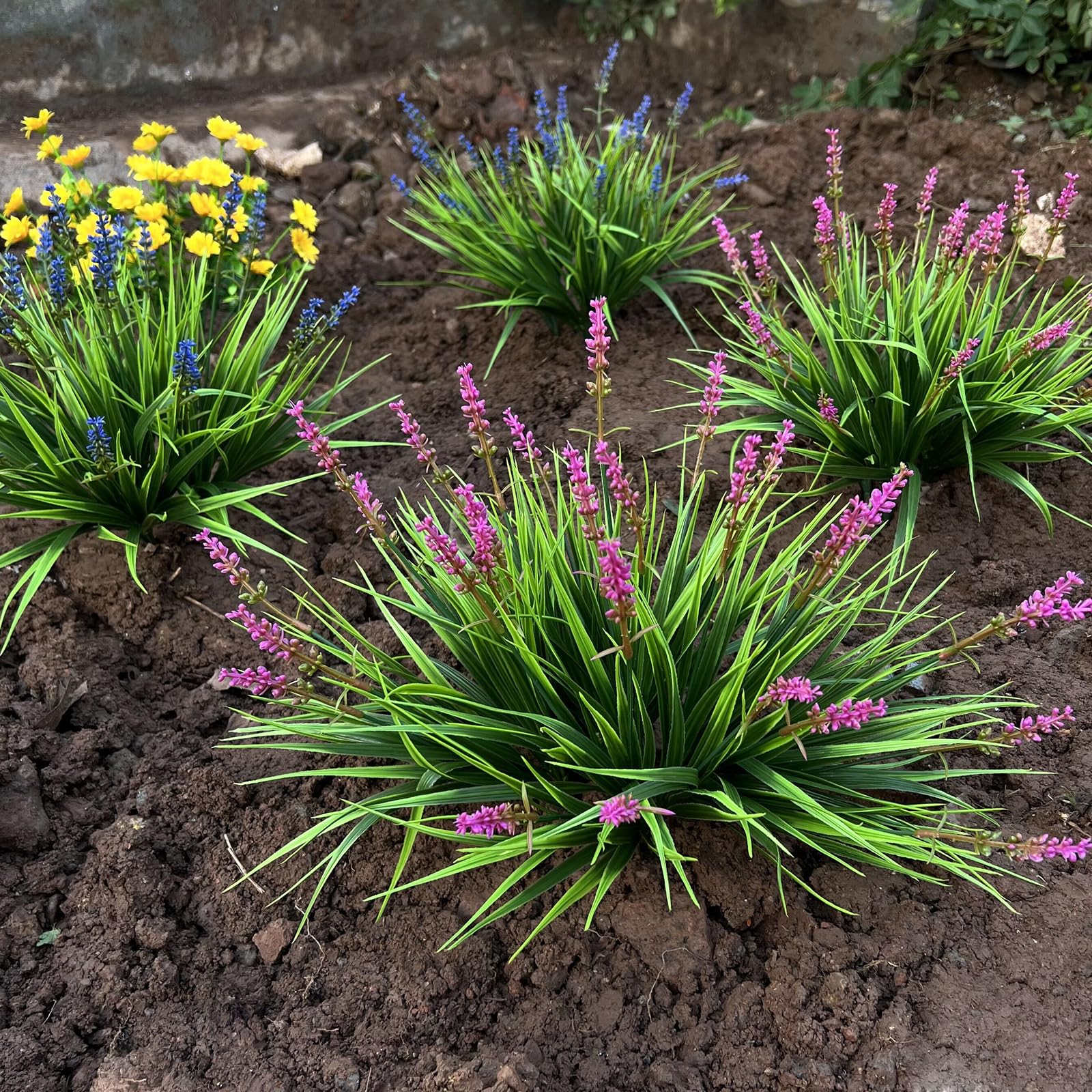 alyptus 12 Bundles Artificial Plants Outdoor Fake Monkey Grass with Flowers for Pot Garden Verandah Decor (Pink Flowers)