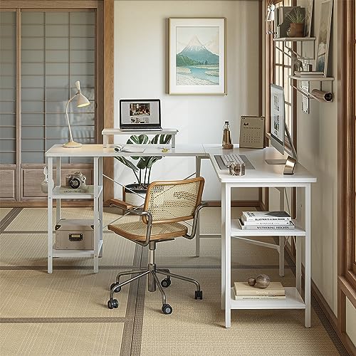 CubiCubi L Shaped Desk, 58.3 inch Computer Corner Desk with 2 Storage Shelves, Home Office Desk with Monitor Stand, White