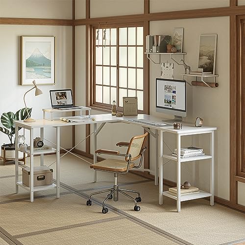 CubiCubi L Shaped Desk, 58.3 inch Computer Corner Desk with 2 Storage Shelves, Home Office Desk with Monitor Stand, White