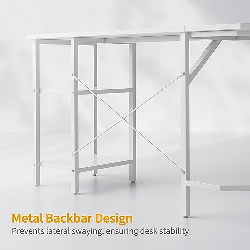 CubiCubi L Shaped Desk, 58.3 inch Computer Corner Desk with 2 Storage Shelves, Home Office Desk with Monitor Stand, White