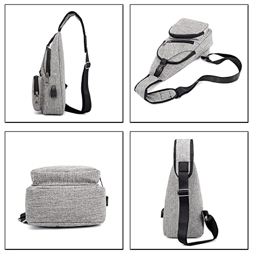 ULemeili Sling Backpack with USB Charging Port, Men Women Chest Crossbody Shoulder Bag Biking Hiking Cycling (Grey, One Size)