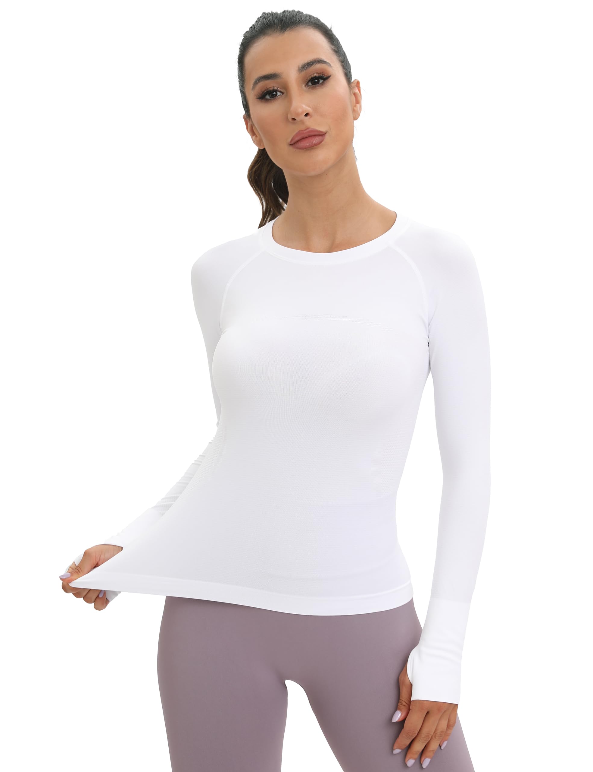 MathCat Workout Shirts for Women Long-Sleeved Athletic Shirt Running Breathable Seamless Yoga Tops White