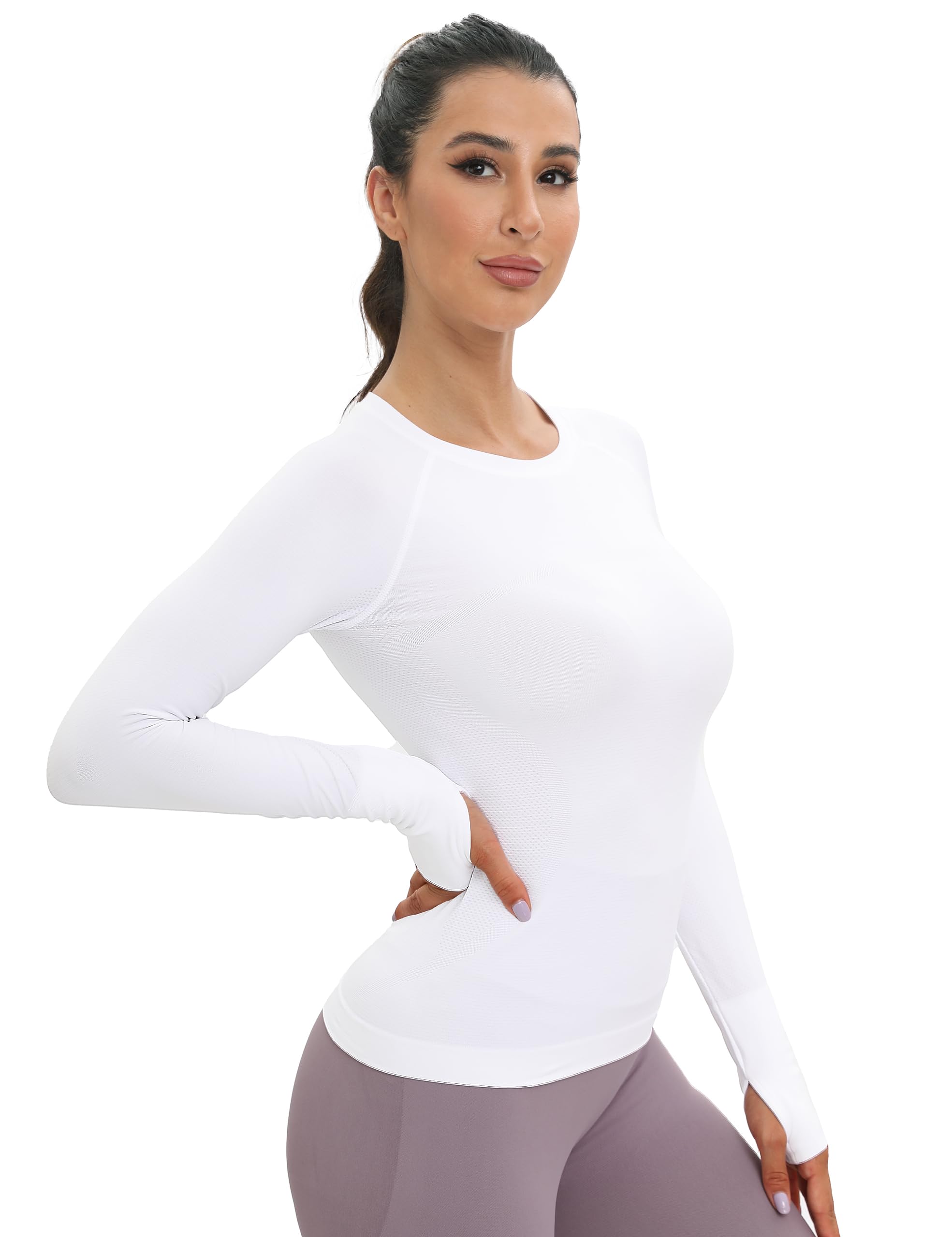 MathCat Workout Shirts for Women Long-Sleeved Athletic Shirt Running Breathable Seamless Yoga Tops White