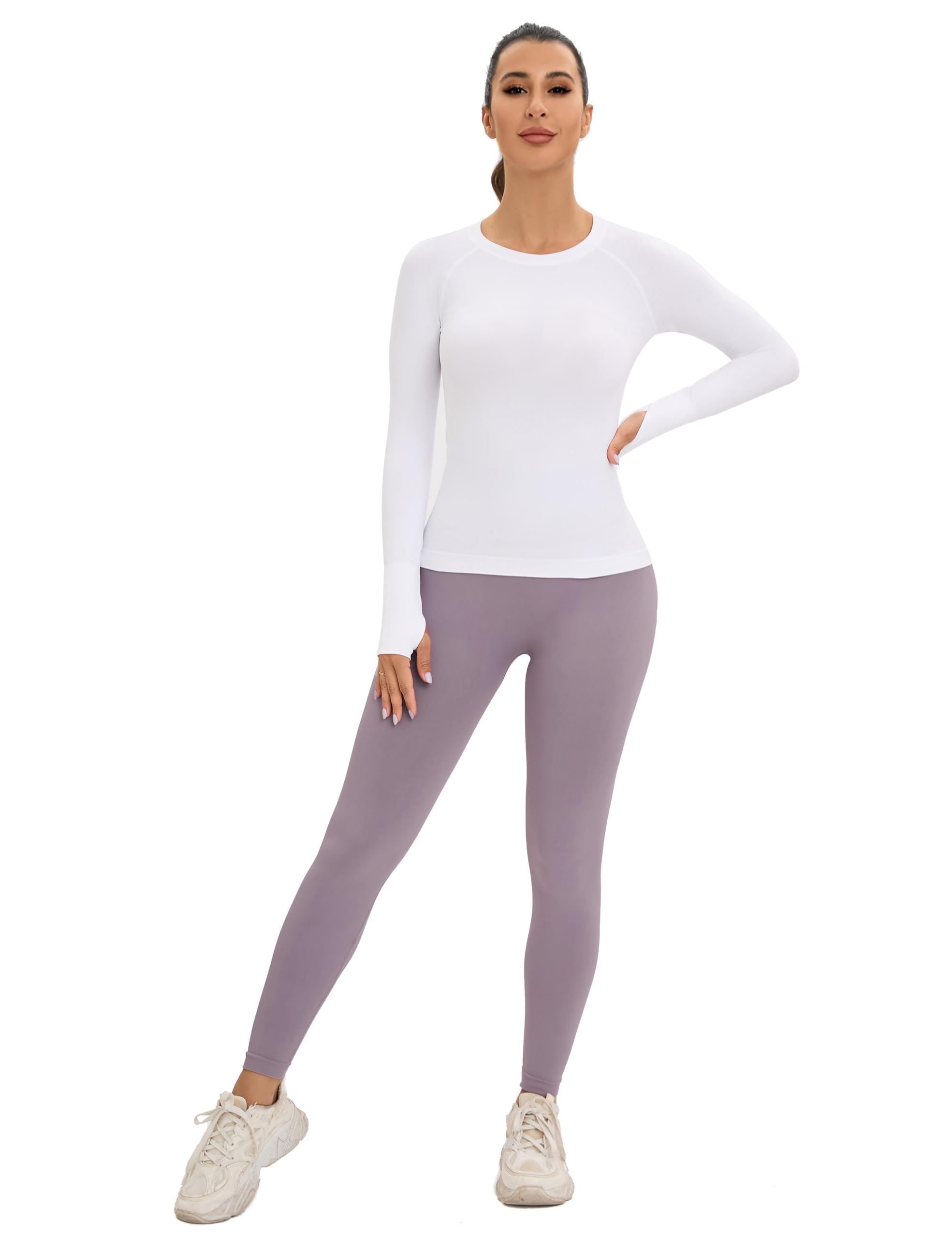 MathCat Workout Shirts for Women Long-Sleeved Athletic Shirt Running Breathable Seamless Yoga Tops White