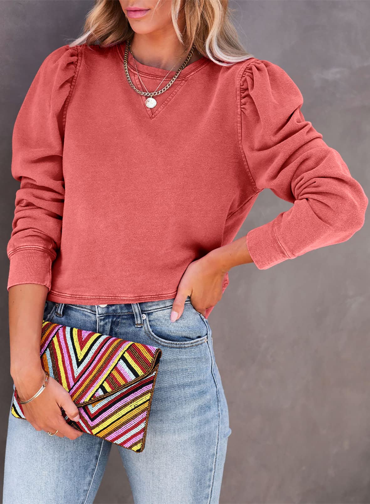 Dokotoo womens sweatshirts Casual Long Puff Sleeve Pullover Crew Neck Cute Tops Solid Color Relaxed Fit Red Shirts X-Large