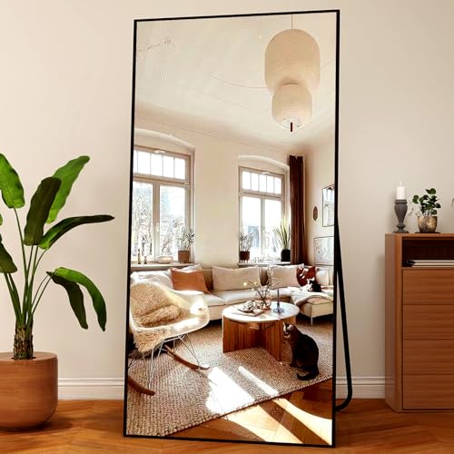 Extra Large 71"x30" Full Length Mirror - Standing, Hanging, or Leaning Rectangle for Wall or Floor - Wall-Mounted Full Body Dressing With Aluminum Alloy Frame for Living Room - Black