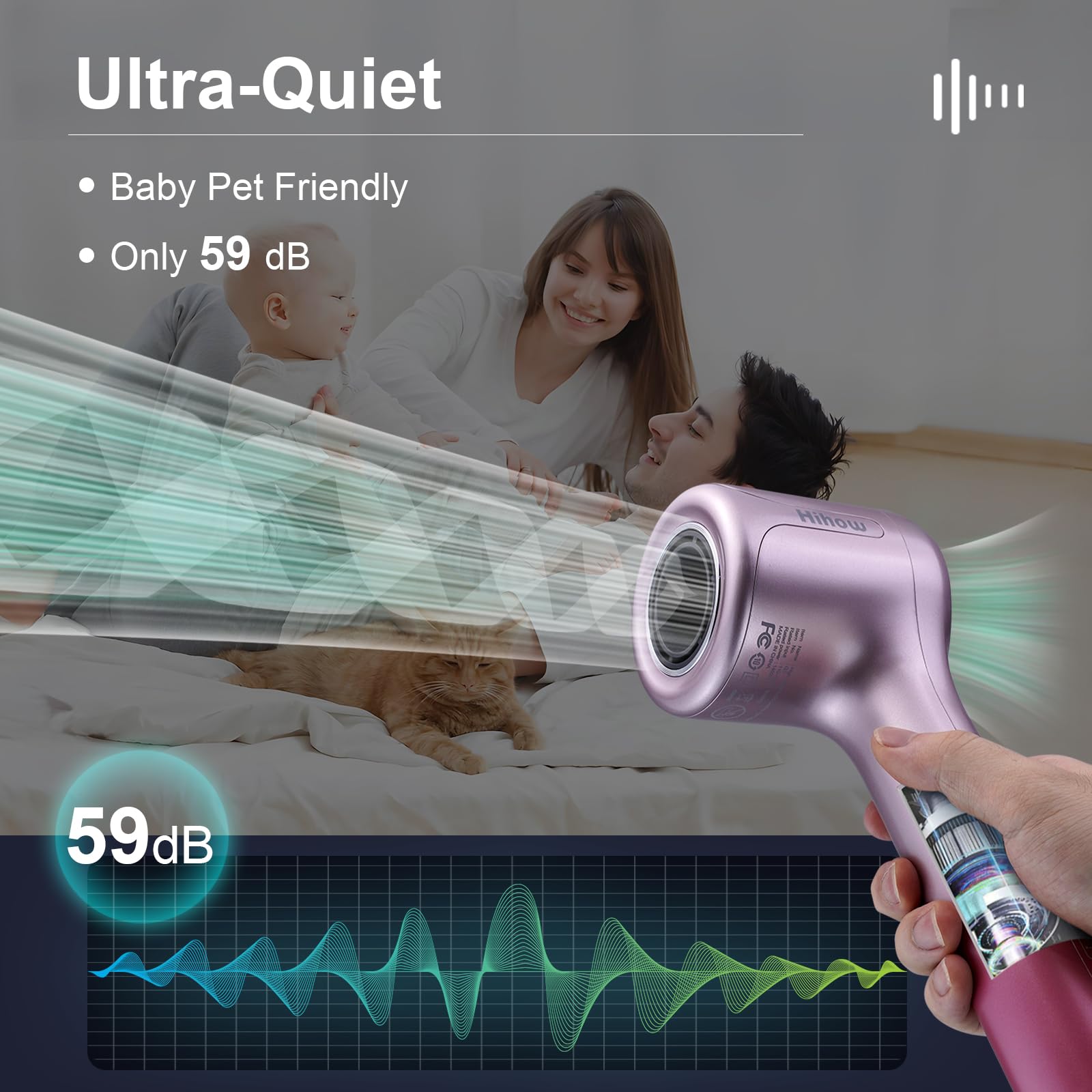 Hihow Ionic Hair Dryer with Diffuser for Curly Hair, 1500W Professional Negative Ions Blow Dryer with Concentrator, 110,000RPM Brushless Motor Hairdryer for Fast Drying as Salon Light and Quiet