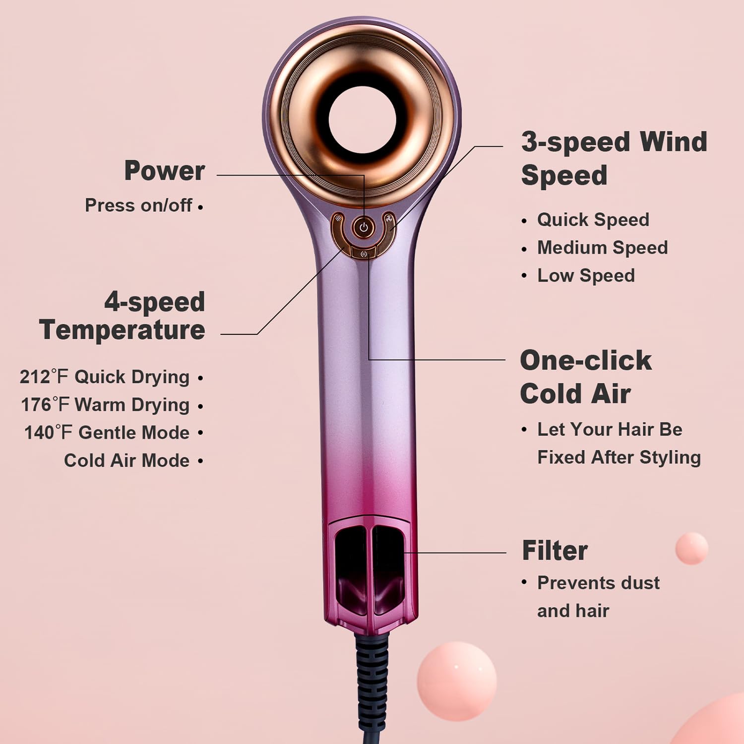 Hihow Ionic Hair Dryer with Diffuser for Curly Hair, 1500W Professional Negative Ions Blow Dryer with Concentrator, 110,000RPM Brushless Motor Hairdryer for Fast Drying as Salon Light and Quiet