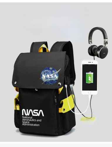 MOUNSHET NASA backpack logo astronaut USB charging + headphone hole casual bag unisex travel bag large capacity laptop bag (blue,18.9? X13.4?X 8.37")