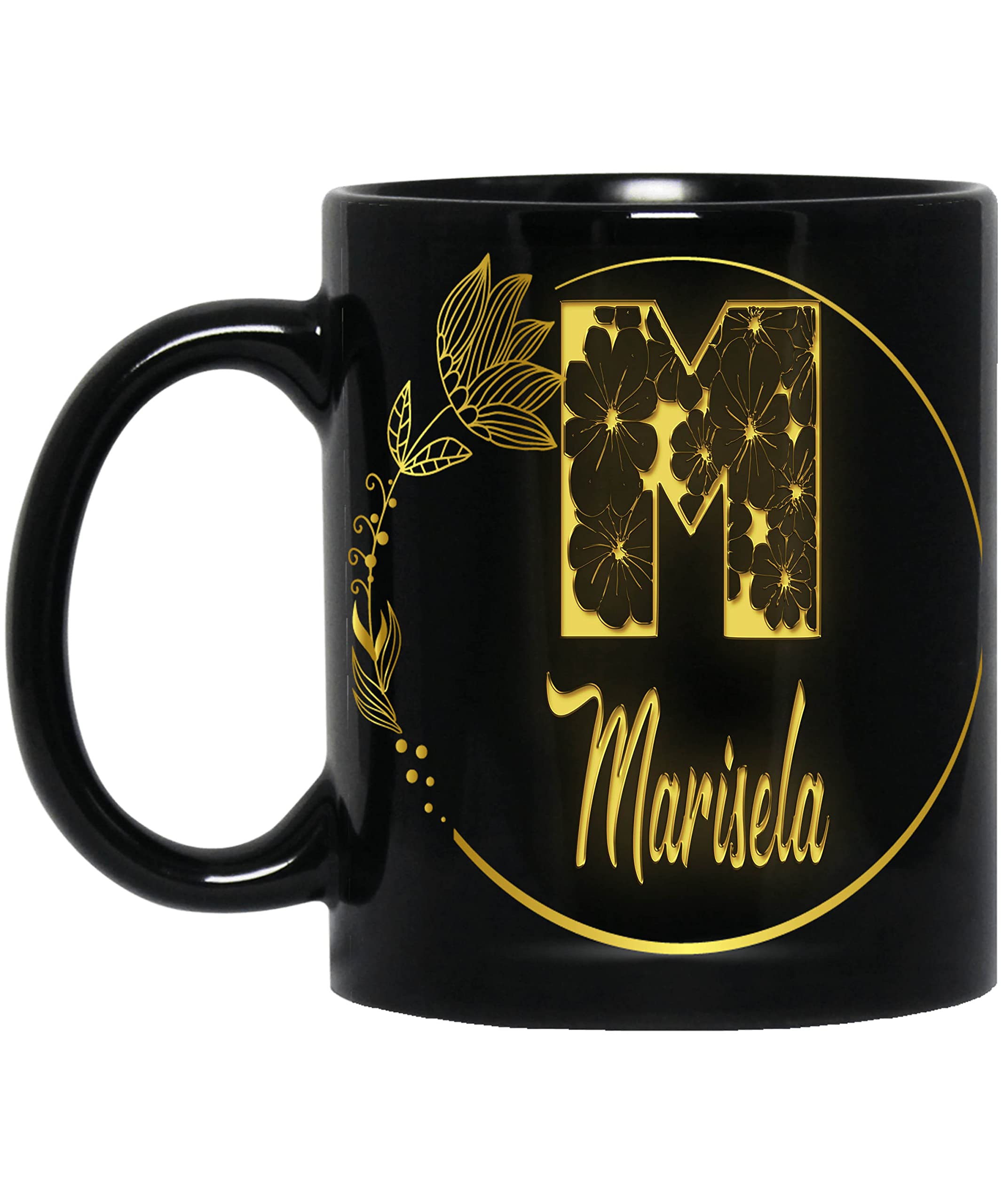 Coffee Mug Personalized Marisela Name & Initial Letter Monogram Floral Alphabet Mug Golden Flowers Custom Black Coffee Cup, Gift for Her Mom Coworker Sister, Wife, Girl 11oz Black Mug 716892