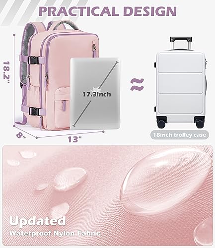 Lekakii Travel Laptop Backpacks for Women Carry On, 40L Nylon Waterproof Backpack for Traveling On Airplane, Gym Backpack Personal Item Essentials, Pink-Purple