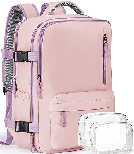 Lekakii Travel Laptop Backpacks for Women Carry On, 40L Nylon Waterproof Backpack for Traveling On Airplane, Gym Backpack Personal Item Essentials, Pink-Purple