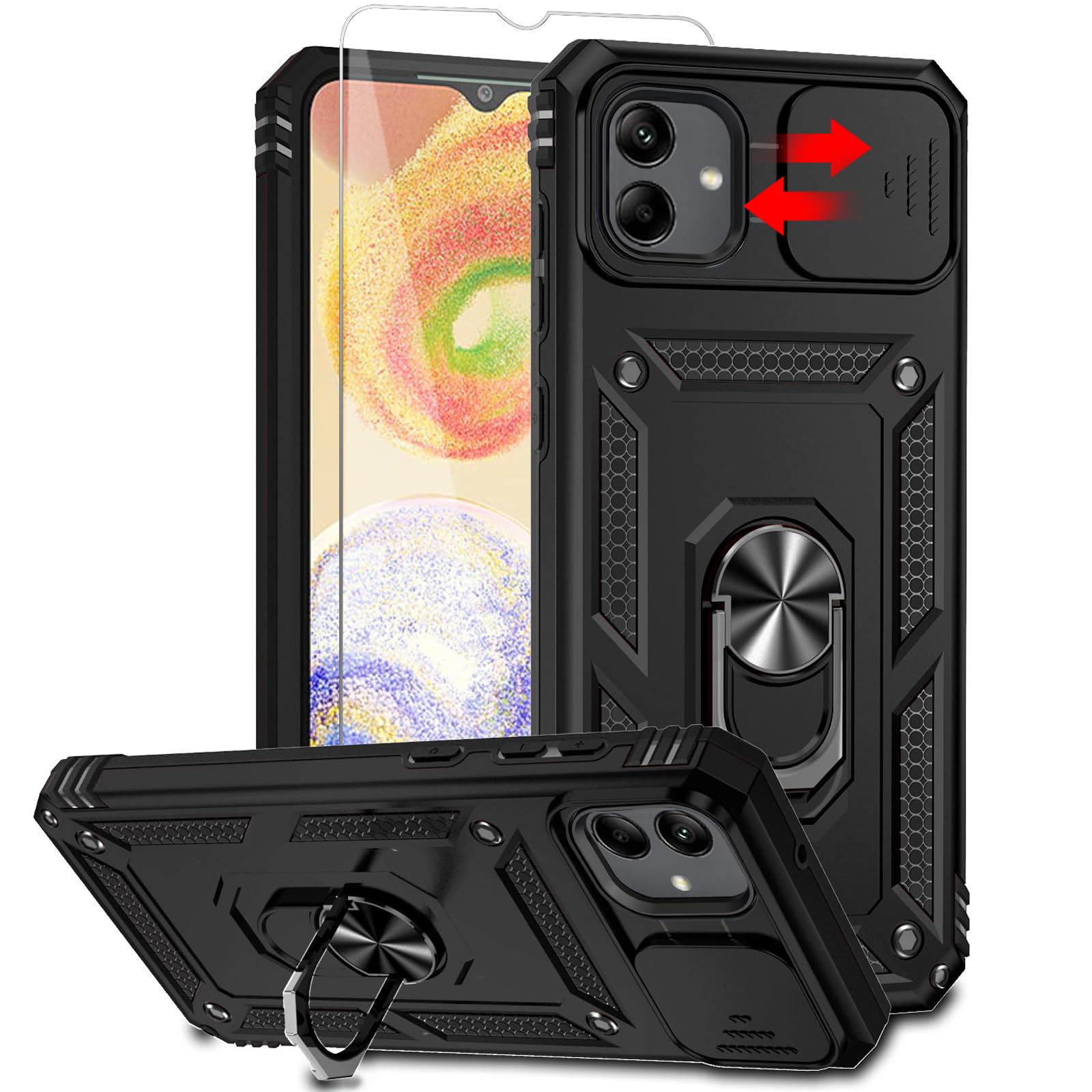 Guzhthi for Samsung Galaxy A04 Case: with Cell Phone Screen Protector Glass and Camera Back Cover Protective Heavy Duty Shockproof Rugged - Military Protection Bumper - Black Jc