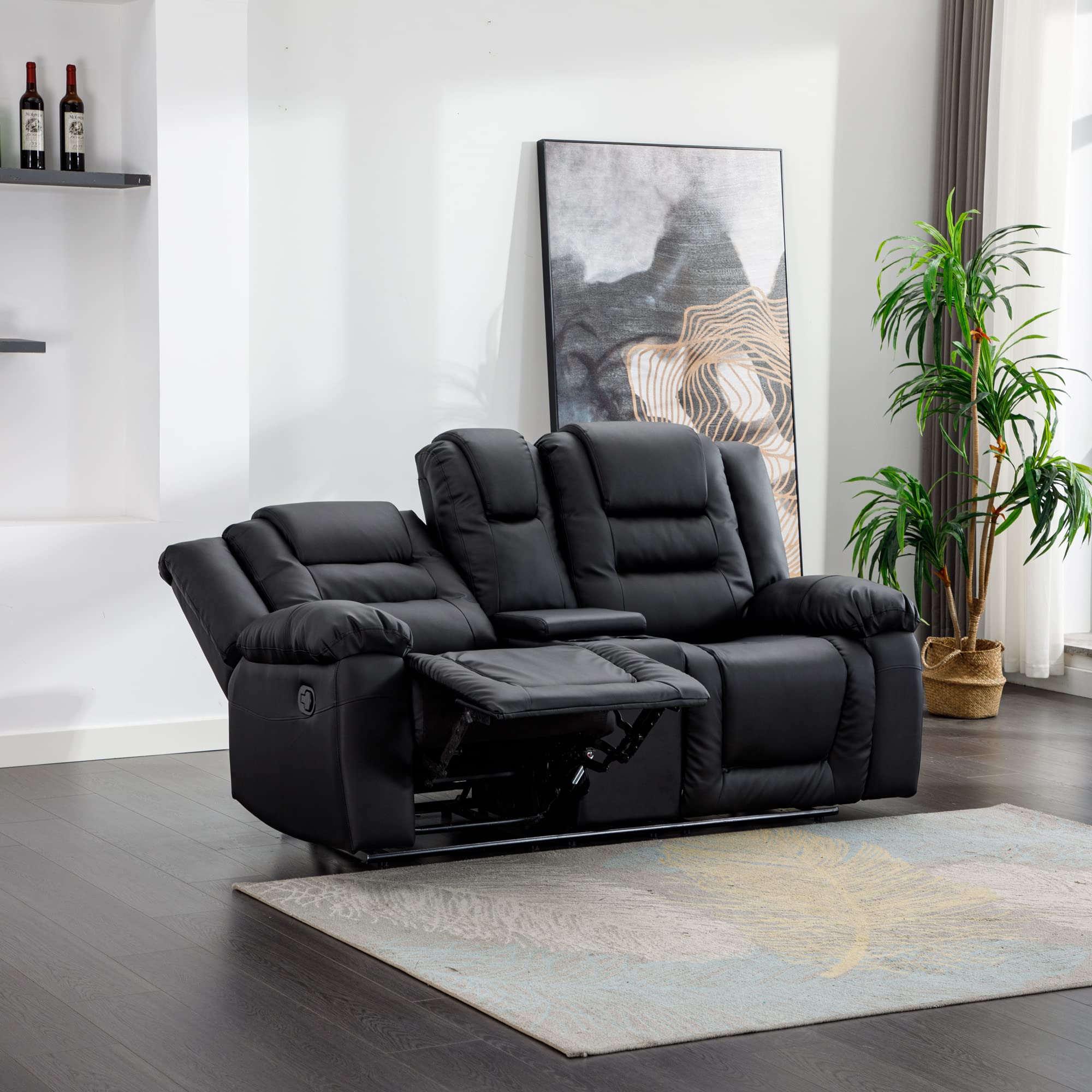 Faxu Leather Double Reclining Loveseat Sofa with Center Console, Manual Recliner Motional Couch w/Easy Pull Handles and Adjustable Footrest, 2-Seater Wall Hug Sofa & Couch Home Theater Seating