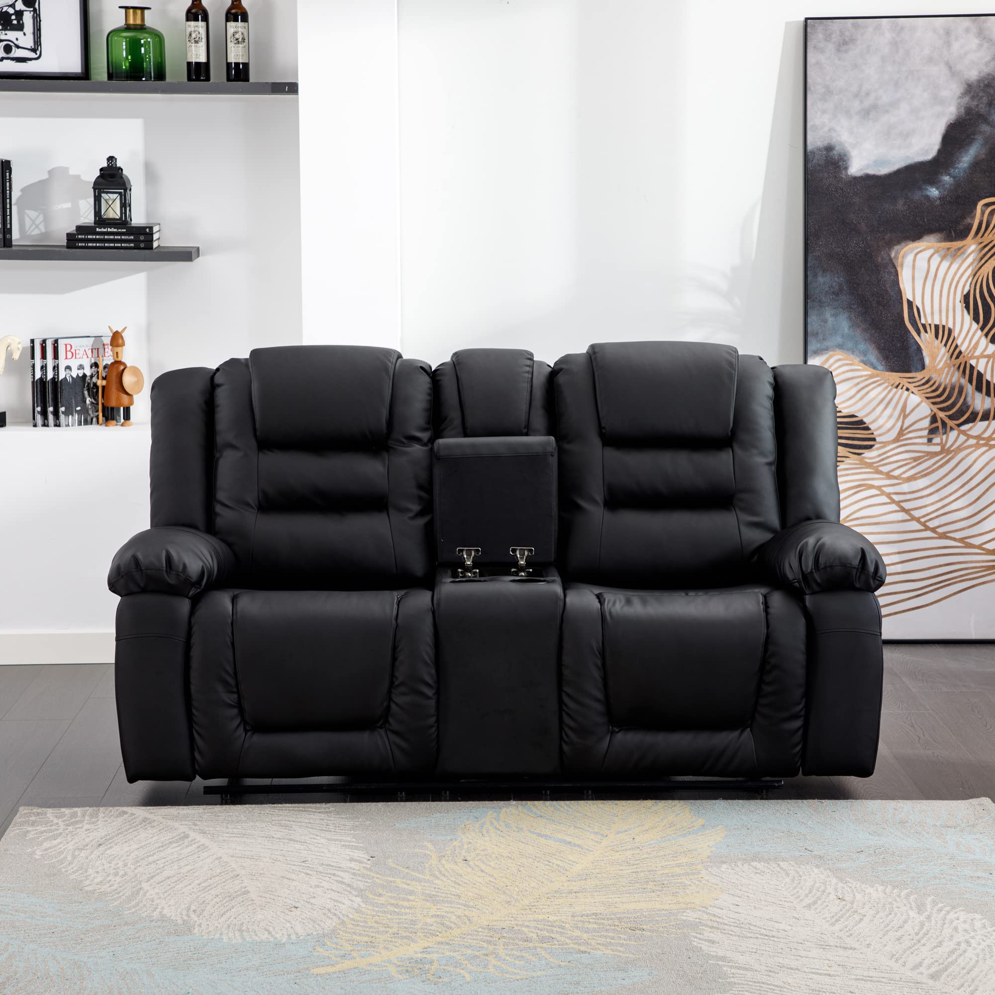 Faxu Leather Double Reclining Loveseat Sofa with Center Console, Manual Recliner Motional Couch w/Easy Pull Handles and Adjustable Footrest, 2-Seater Wall Hug Sofa & Couch Home Theater Seating