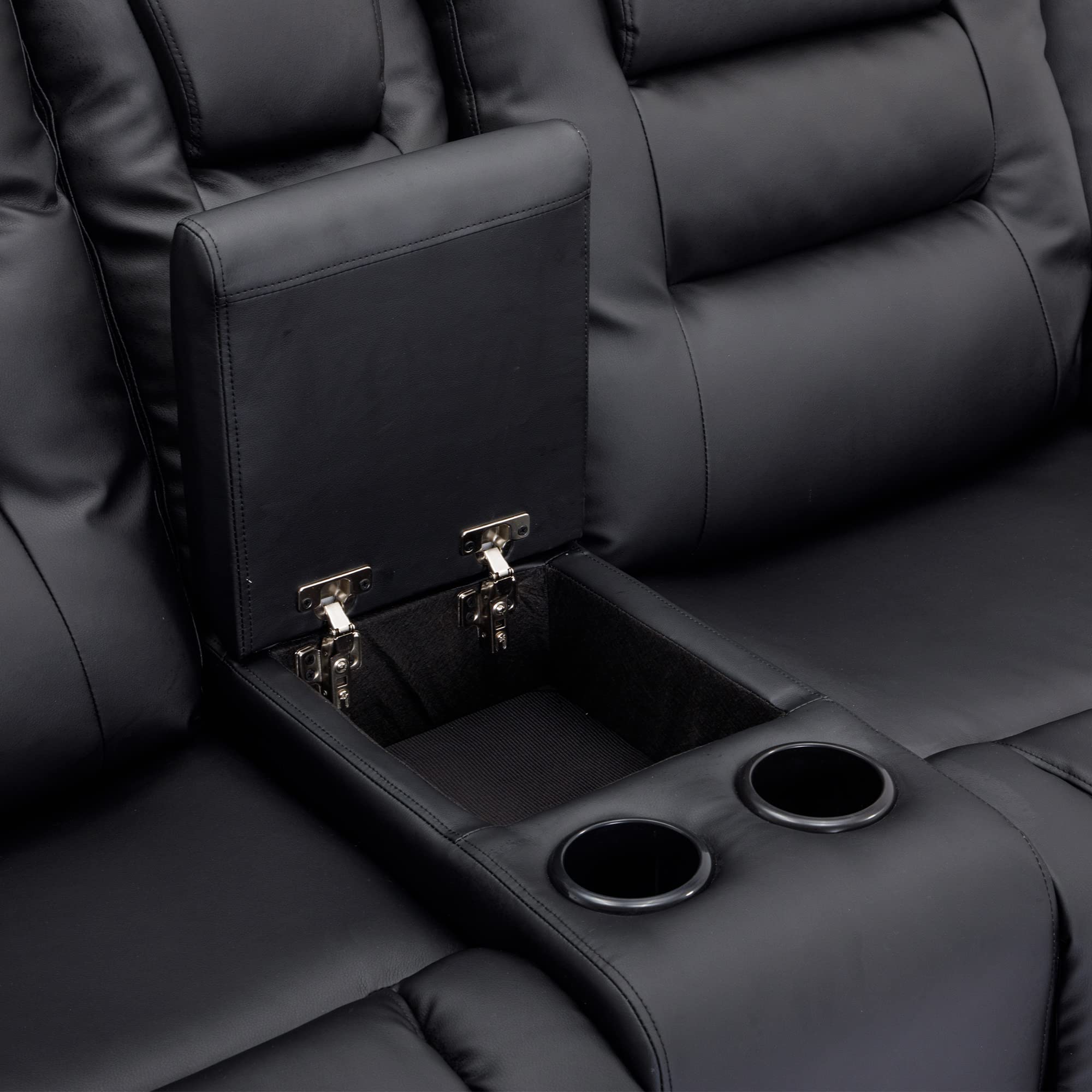Faxu Leather Double Reclining Loveseat Sofa with Center Console, Manual Recliner Motional Couch w/Easy Pull Handles and Adjustable Footrest, 2-Seater Wall Hug Sofa & Couch Home Theater Seating