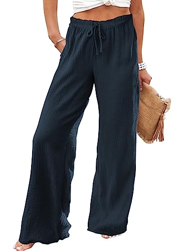 Acelitt Women's Casual Wide Leg Linen Pants Long Lounge Pant Lightweight High Waisted Trendyed Loose Fall Fashion 2023 Pants Long Lounge Pant Trousers Blue XL