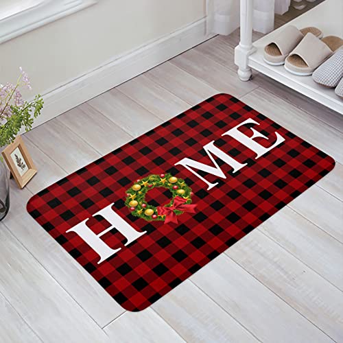 Prironde Front Door Mats Outdoor Indoor Kitchen Mat, Black Red Plaid Green Christmas Wreath Red Bow Xmas Home Entrance Doormat Non-Slip Bathroom Rugs Washable Floor Mats for Sink/Porch, 16" x 24"