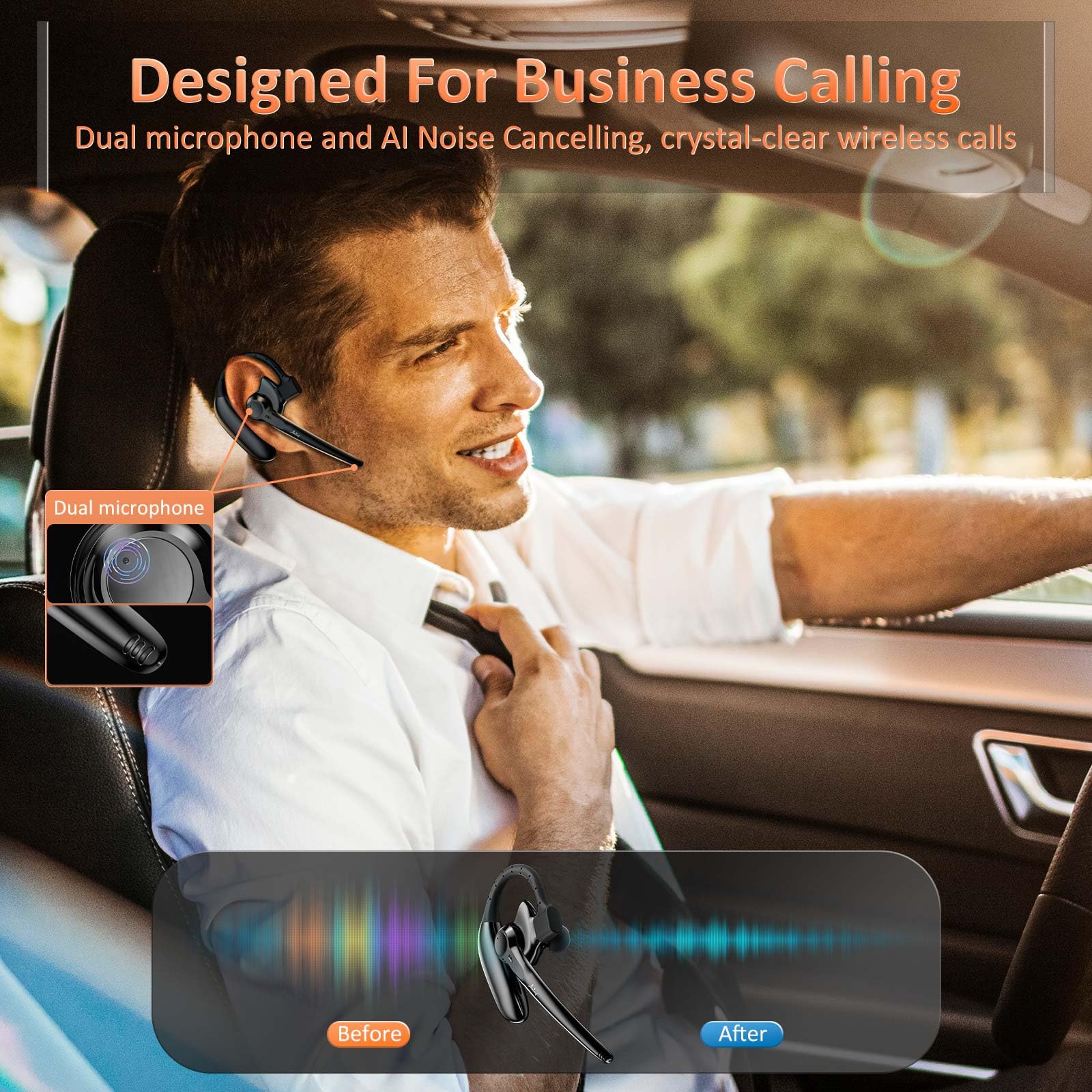 AMINY Wireless Bluetooth Headset with Dual Microphone Noise Cancelling,Auriculares Bluetooth Earpiece 30 Hrs Talking Time V5.3 Bluetooth Earphones Wireless Headset for Trucker/Driving/Office
