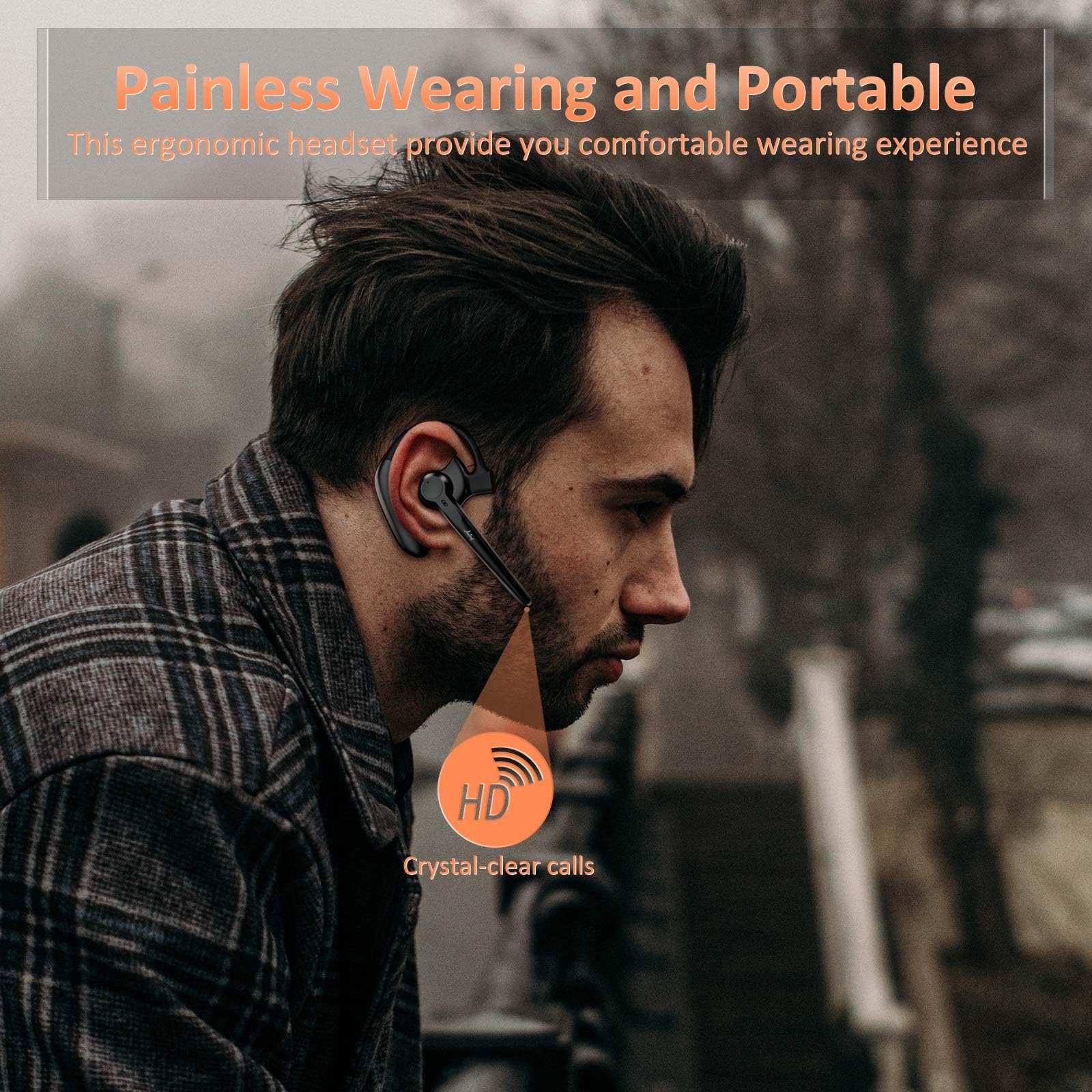 AMINY Wireless Bluetooth Headset with Dual Microphone Noise Cancelling,Auriculares Bluetooth Earpiece 30 Hrs Talking Time V5.3 Bluetooth Earphones Wireless Headset for Trucker/Driving/Office