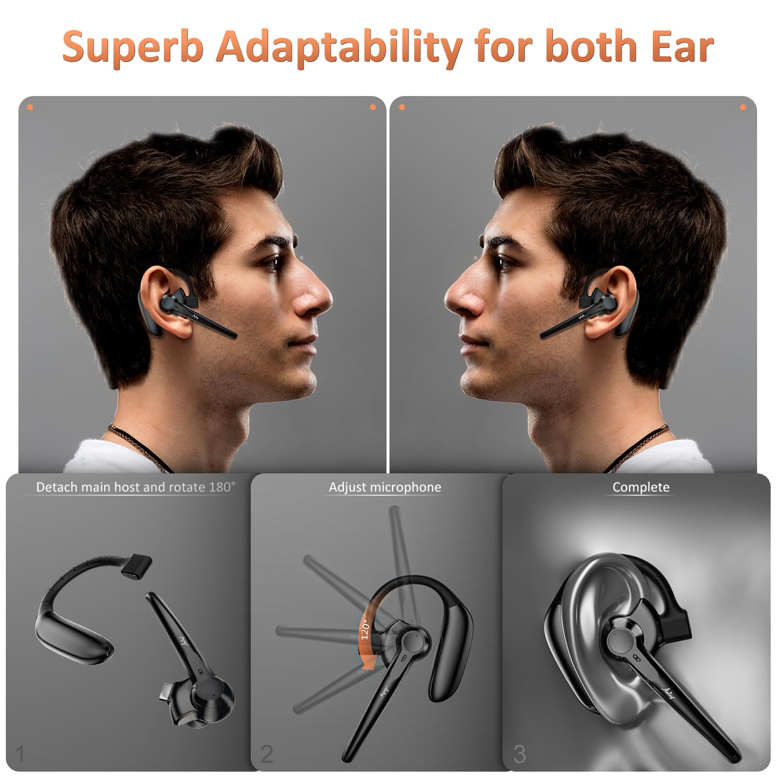 AMINY Wireless Bluetooth Headset with Dual Microphone Noise Cancelling,Auriculares Bluetooth Earpiece 30 Hrs Talking Time V5.3 Bluetooth Earphones Wireless Headset for Trucker/Driving/Office