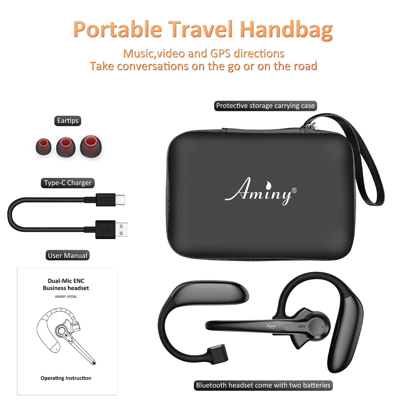 AMINY Wireless Bluetooth Headset with Dual Microphone Noise Cancelling,Auriculares Bluetooth Earpiece 30 Hrs Talking Time V5.3 Bluetooth Earphones Wireless Headset for Trucker/Driving/Office