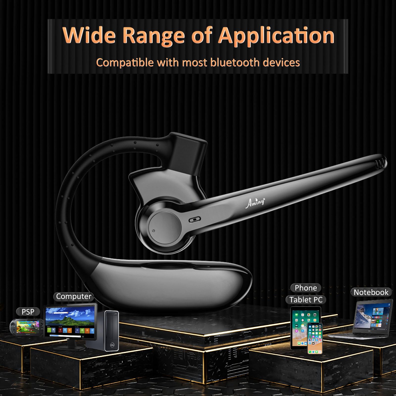 AMINY Wireless Bluetooth Headset with Dual Microphone Noise Cancelling,Auriculares Bluetooth Earpiece 30 Hrs Talking Time V5.3 Bluetooth Earphones Wireless Headset for Trucker/Driving/Office