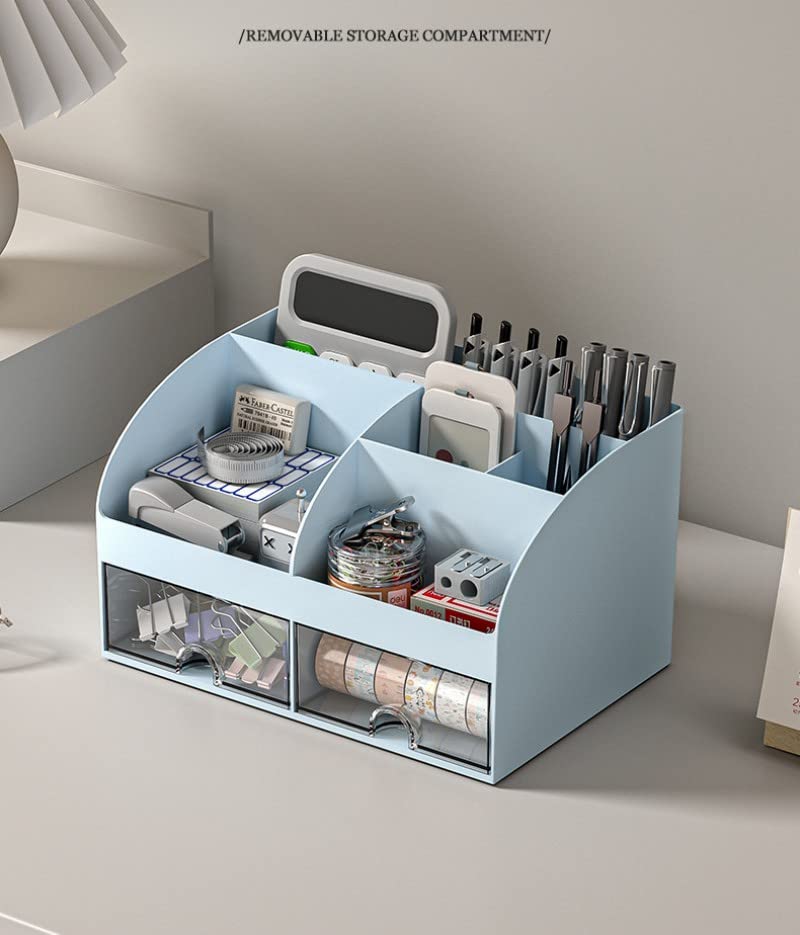 Office Desktop Organizer Box With Different Grids Sorting Storage Box Orderly And Tidy Stationery Organizer Box For Books Paper Clips Pens Office Supplies (Blue)