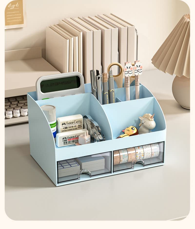Office Desktop Organizer Box With Different Grids Sorting Storage Box Orderly And Tidy Stationery Organizer Box For Books Paper Clips Pens Office Supplies (Blue)