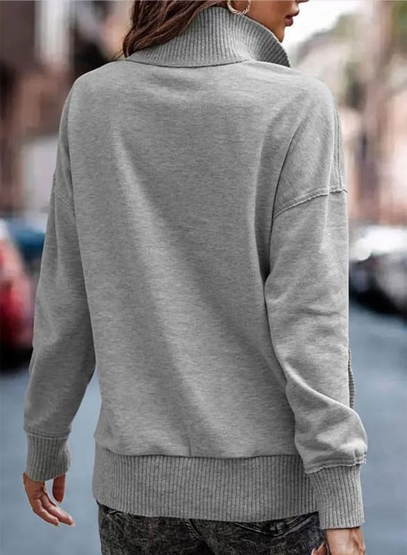 SHEWIN Sweatshirt For Women Loose Fit Casual Button V Neck Solid Lightweight Pullover Sweatshirts Long Sleeve Fall Tops with Pocket,US 8-10(M),Grey