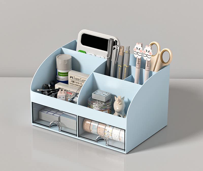 Office Desktop Organizer Box With Different Grids Sorting Storage Box Orderly And Tidy Stationery Organizer Box For Books Paper Clips Pens Office Supplies (Blue)
