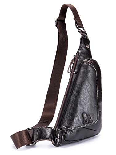 RC ROCKCOW Genuine Leather Sling Backpack Men's Leather Sling bag Triangle Crossbody Bags Multi-pocket Chest Bag Crossbody Daypack with Earphone Hole Casual Crossbody Shoulder Chest Daypack