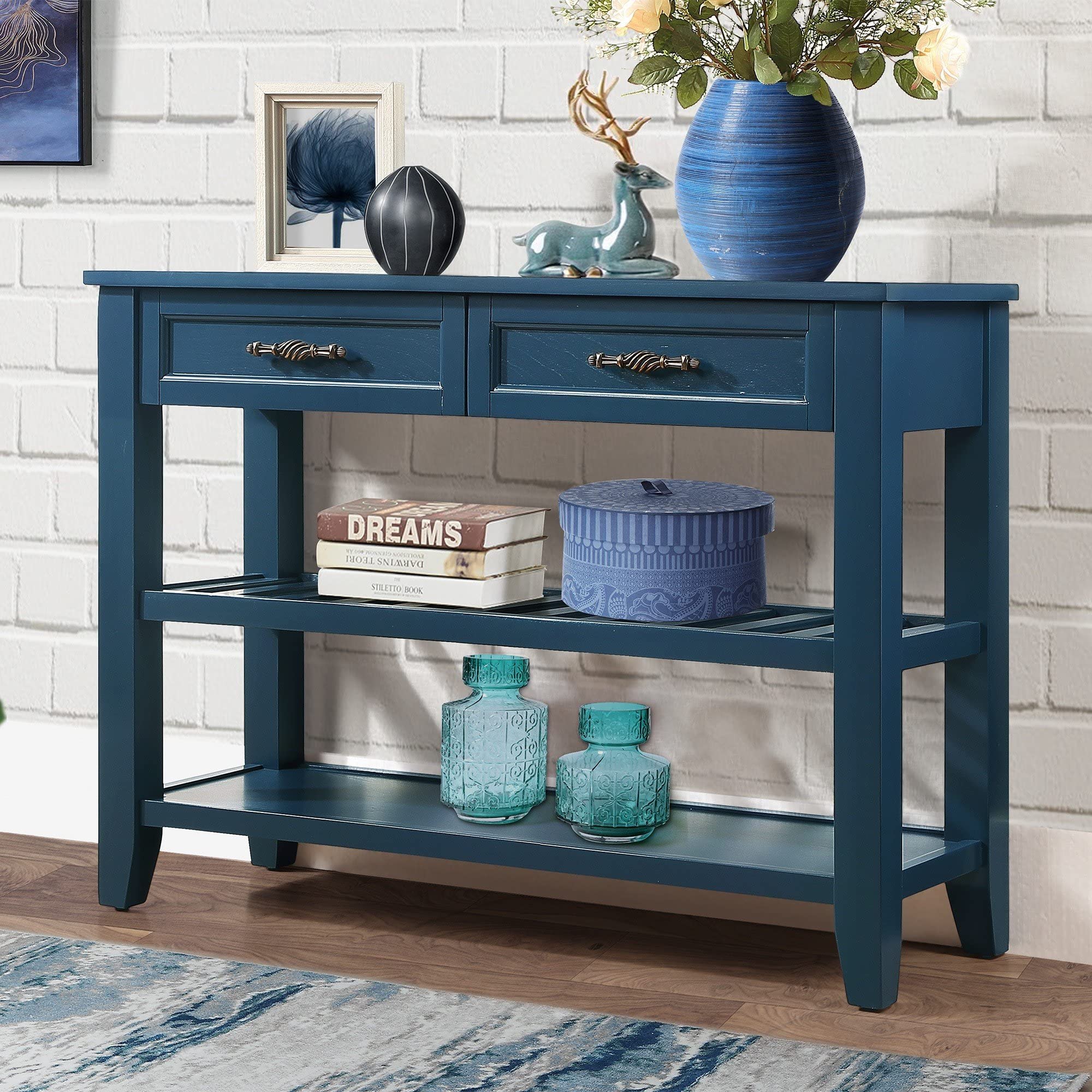 SIYSNKSI 42'' Mid-Century Style Console Table Sofa Table with 2 Storage Drawers and 2 Tiers Shelves, Solid Wood Buffet Sideboard for Hallway, Entryway, Bedroom, Living Room (Navy Blue-053)