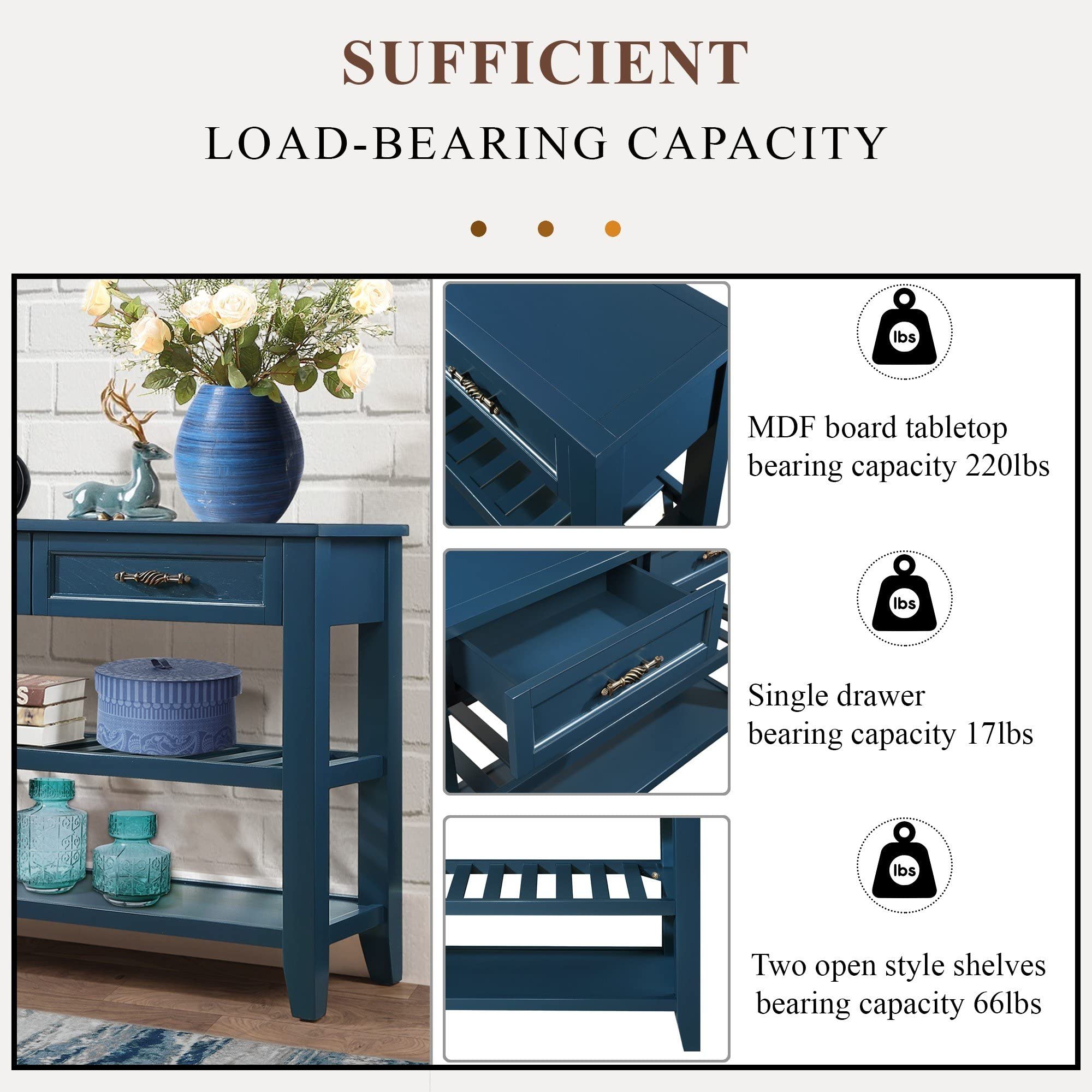 SIYSNKSI 42'' Mid-Century Style Console Table Sofa Table with 2 Storage Drawers and 2 Tiers Shelves, Solid Wood Buffet Sideboard for Hallway, Entryway, Bedroom, Living Room (Navy Blue-053)