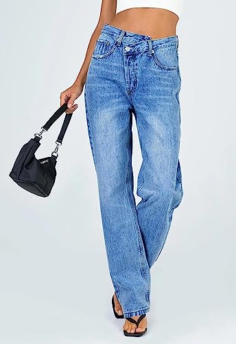 PLNOTME Women's Low Waisted Jeans Trendy Straight Leg Boyfriend Crossover Casual Denim Pants Blue