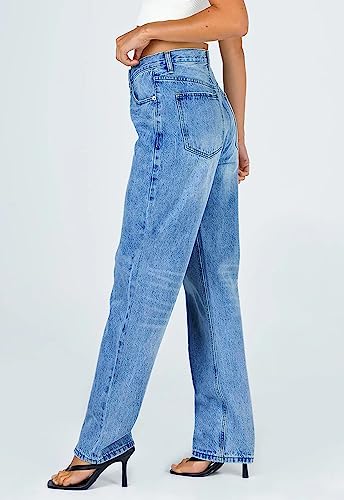 PLNOTME Women's Low Waisted Jeans Trendy Straight Leg Boyfriend Crossover Casual Denim Pants Blue