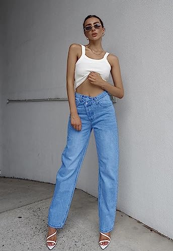 PLNOTME Women's Low Waisted Jeans Trendy Straight Leg Boyfriend Crossover Casual Denim Pants Blue