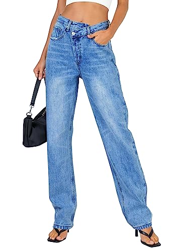 PLNOTME Women's Low Waisted Jeans Trendy Straight Leg Boyfriend Crossover Casual Denim Pants Blue
