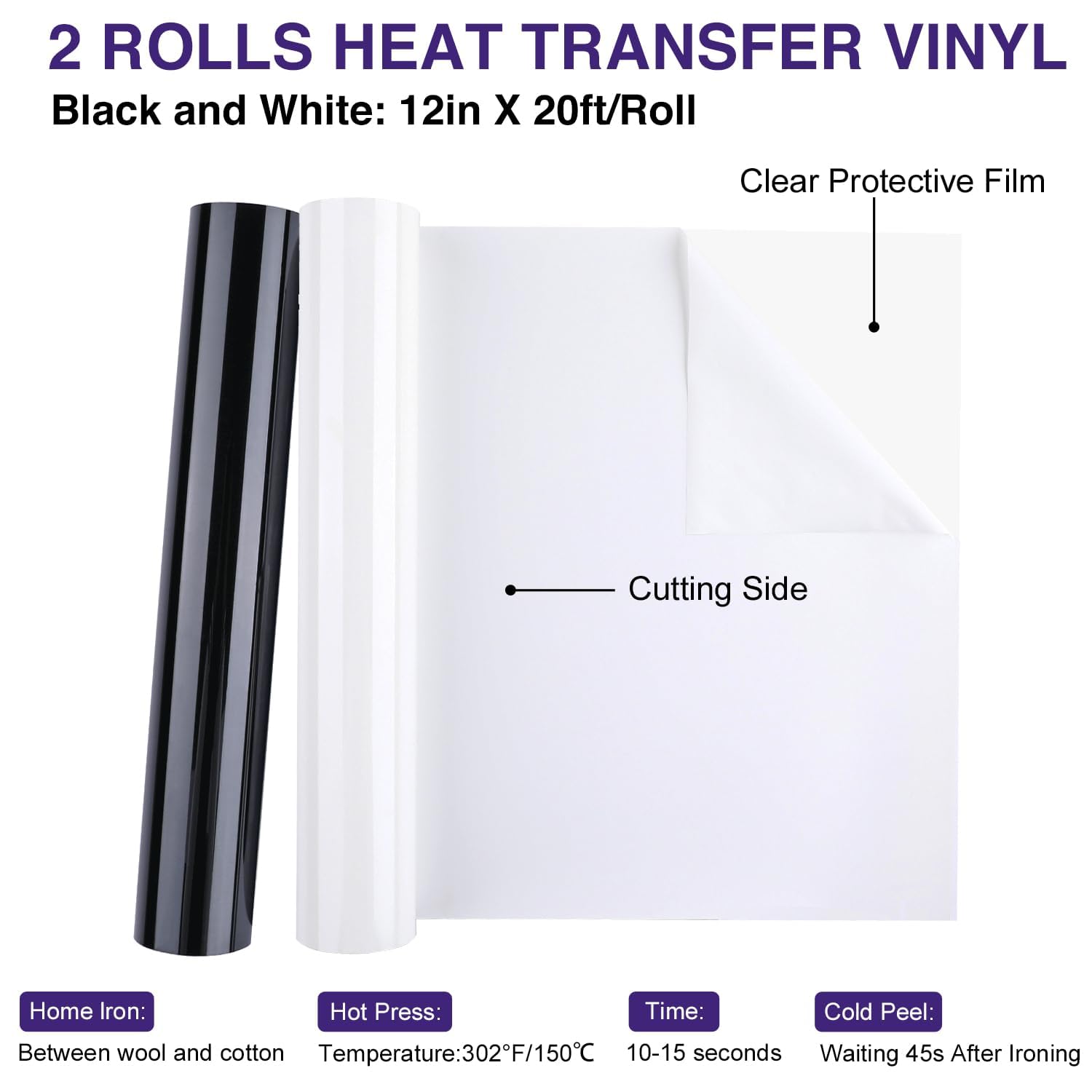 CAREGY 2Rolls 12" x 20ft HTV Vinyl Rolls Black and White Set Heat Transfer Vinyl for T-Shirts Iron on Vinyl Easy to Cut Weed for DIY Heat Vinyl (12" x 20ft Each Roll)