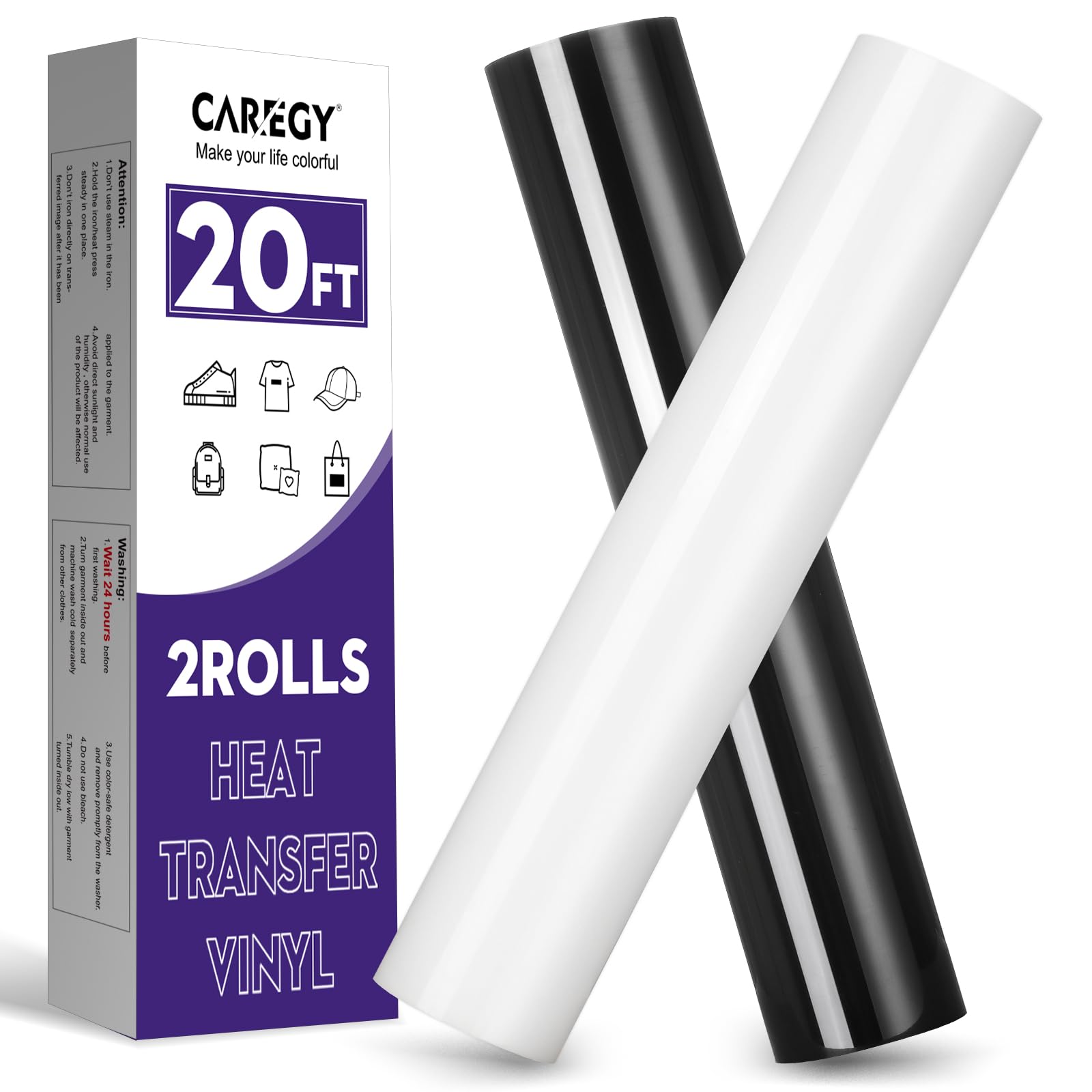 CAREGY 2Rolls 12" x 20ft HTV Vinyl Rolls Black and White Set Heat Transfer Vinyl for T-Shirts Iron on Vinyl Easy to Cut Weed for DIY Heat Vinyl (12" x 20ft Each Roll)