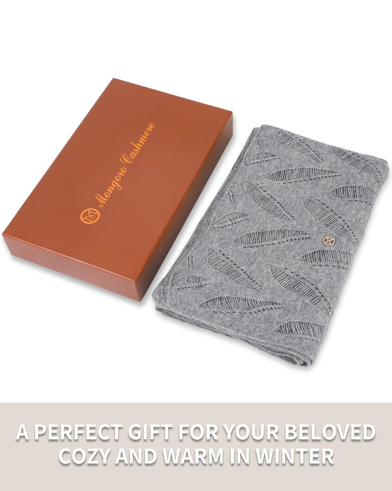 Mongoro Cashmere 30% Mongolian Cashmere 70% Australian Merino Wool Scarves Extra Large Pashmina Wrap Shawl Stole Grey Leaf/leaves Solid with Gift Box