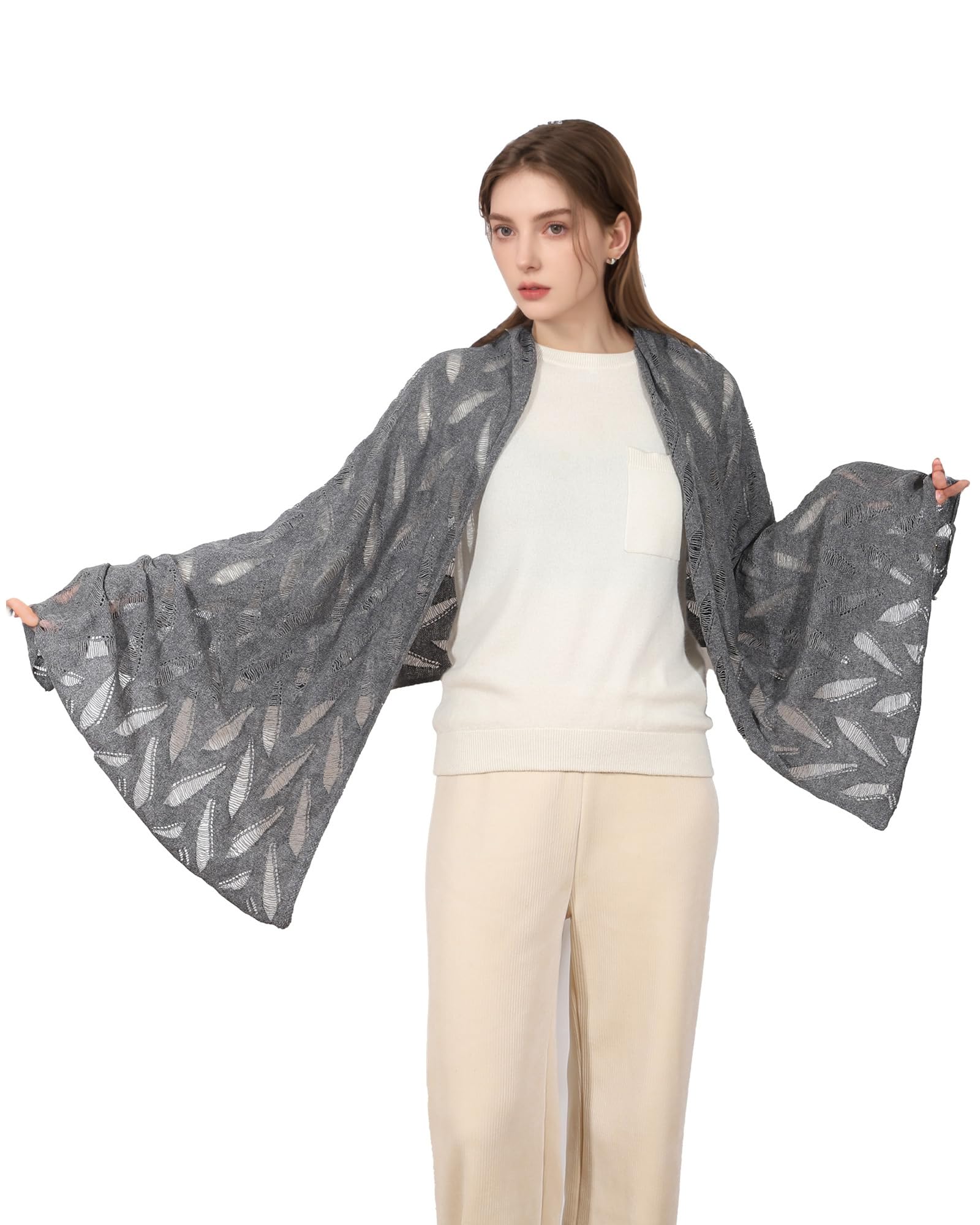 Mongoro Cashmere 30% Mongolian Cashmere 70% Australian Merino Wool Scarves Extra Large Pashmina Wrap Shawl Stole Grey Leaf/leaves Solid with Gift Box