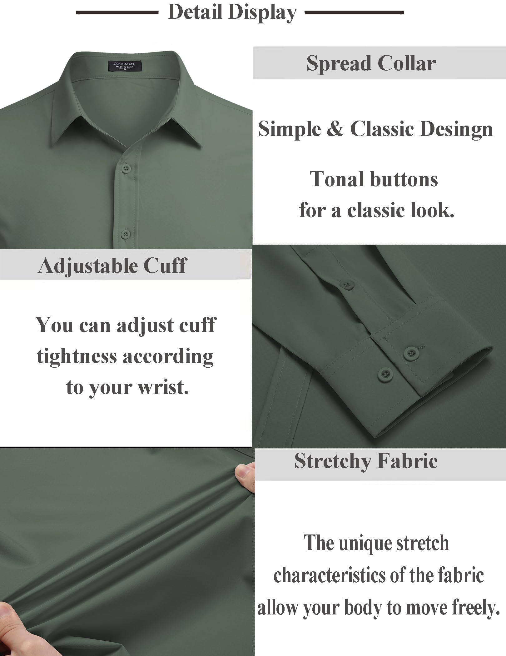 COOFANDY Mens Dress Shirts Long Sleeve Fitted Button Down Shirt Untucked Shirt Army Green