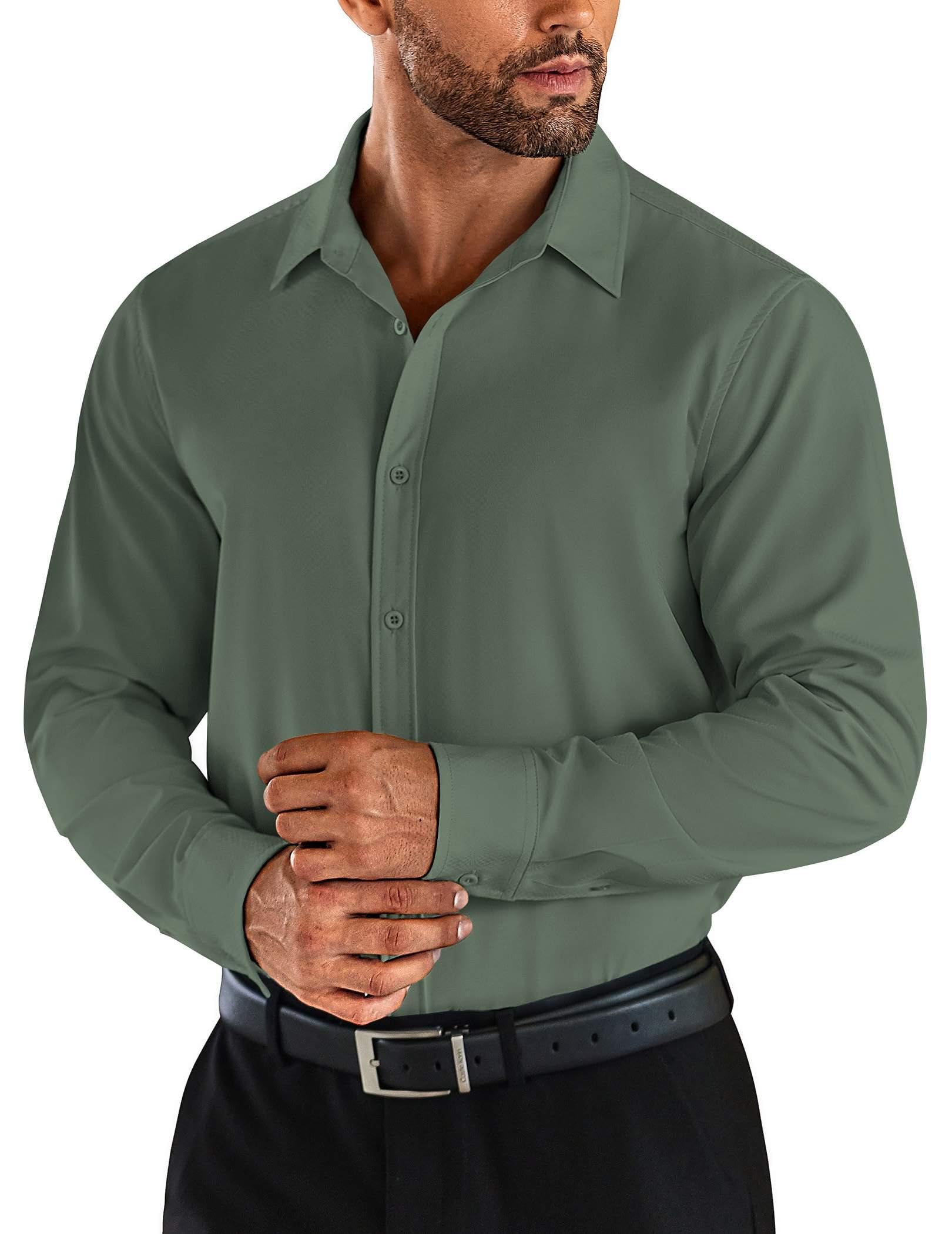 COOFANDY Mens Dress Shirts Long Sleeve Fitted Button Down Shirt Untucked Shirt Army Green