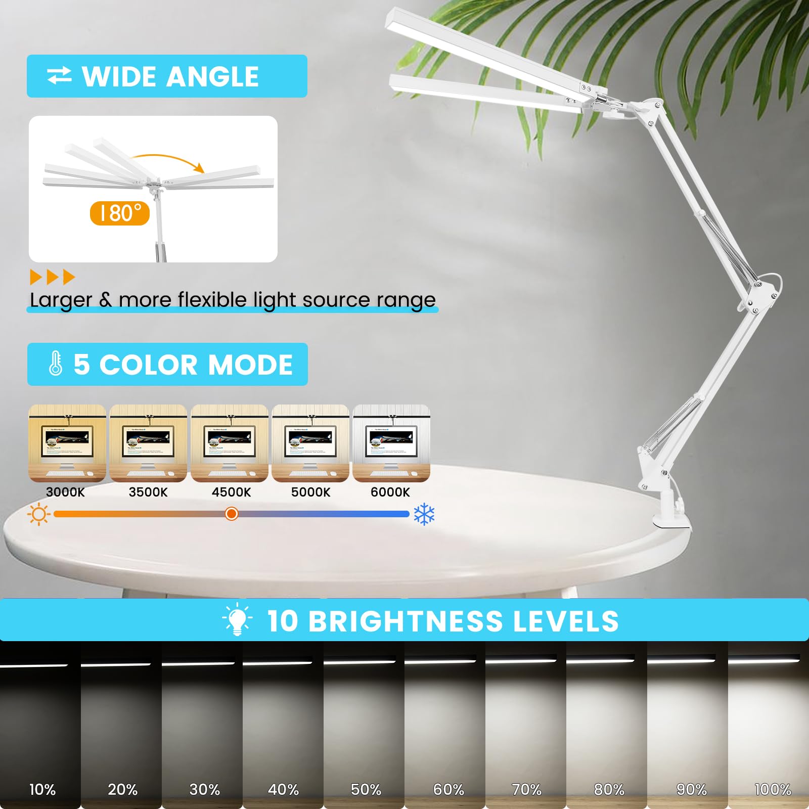 JOSTIC Double Head LED Desk Lamp with Clamp, Desk Lamps for Home Office, 5 Color Modes, 10 Brightness, Architect Task Lamp, Modern Swing Arm Workbench Office Lighting, Dimmable Brightest Light, White