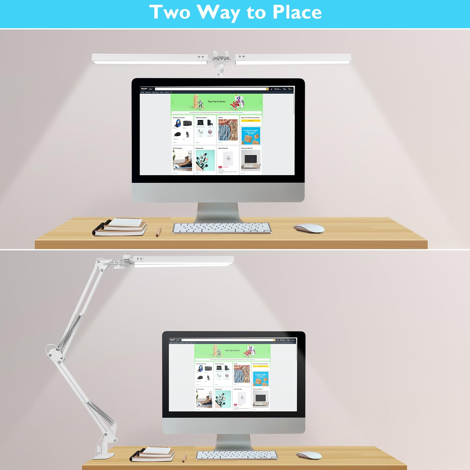 JOSTIC Double Head LED Desk Lamp with Clamp, Desk Lamps for Home Office, 5 Color Modes, 10 Brightness, Architect Task Lamp, Modern Swing Arm Workbench Office Lighting, Dimmable Brightest Light, White