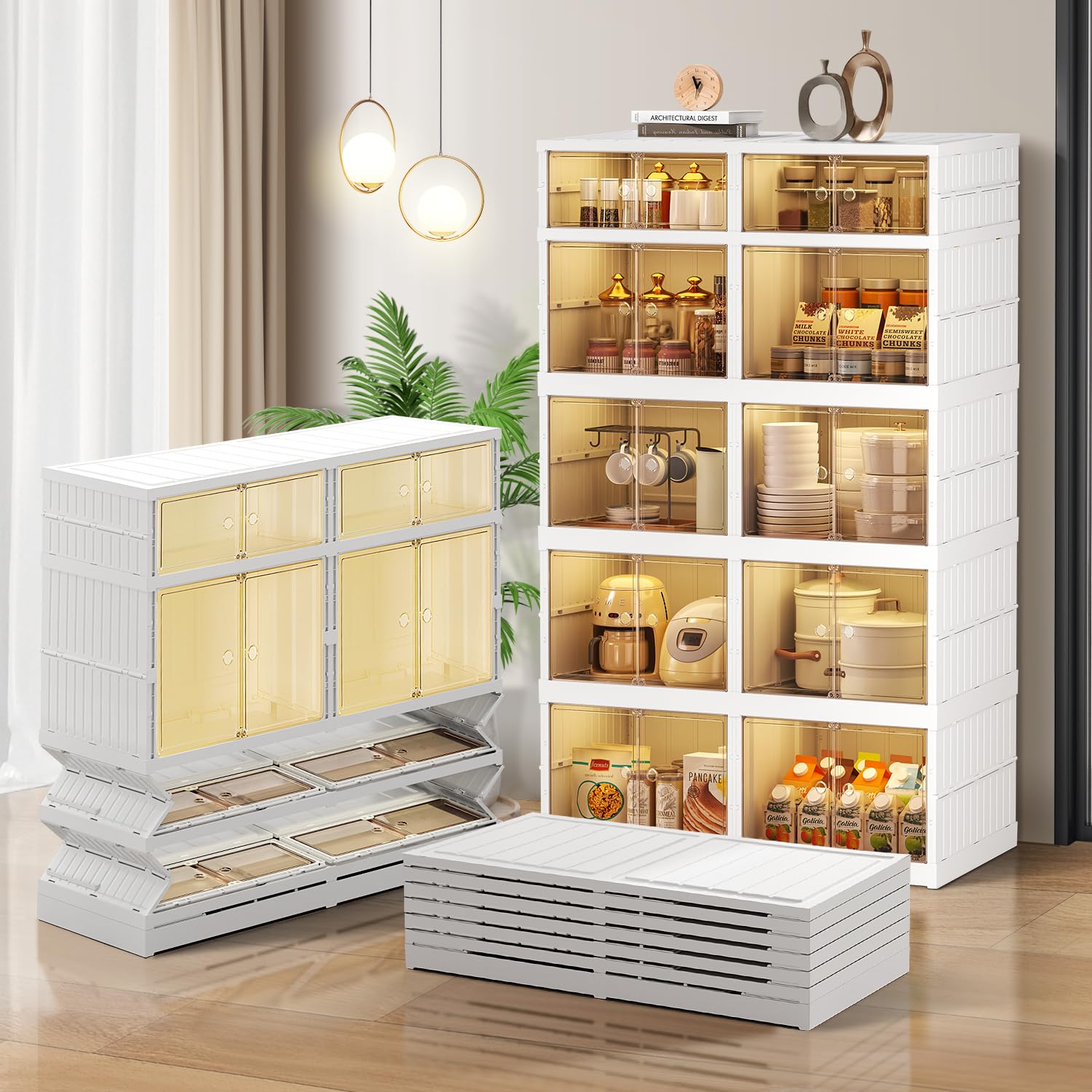 EHAMILY Pantry Cabinet Plastic Foldable with Doors Clear Collapsible Storage Cabinet with Wheels Large Folding Stackable Closet Storage 5-Tier 10Grids Easy Assemble