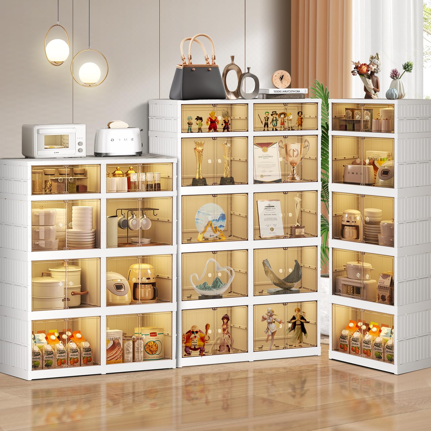 EHAMILY Pantry Cabinet Plastic Foldable with Doors Clear Collapsible Storage Cabinet with Wheels Large Folding Stackable Closet Storage 5-Tier 10Grids Easy Assemble