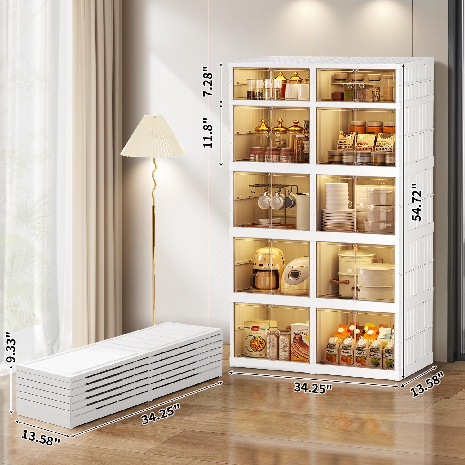 EHAMILY Pantry Cabinet Plastic Foldable with Doors Clear Collapsible Storage Cabinet with Wheels Large Folding Stackable Closet Storage 5-Tier 10Grids Easy Assemble